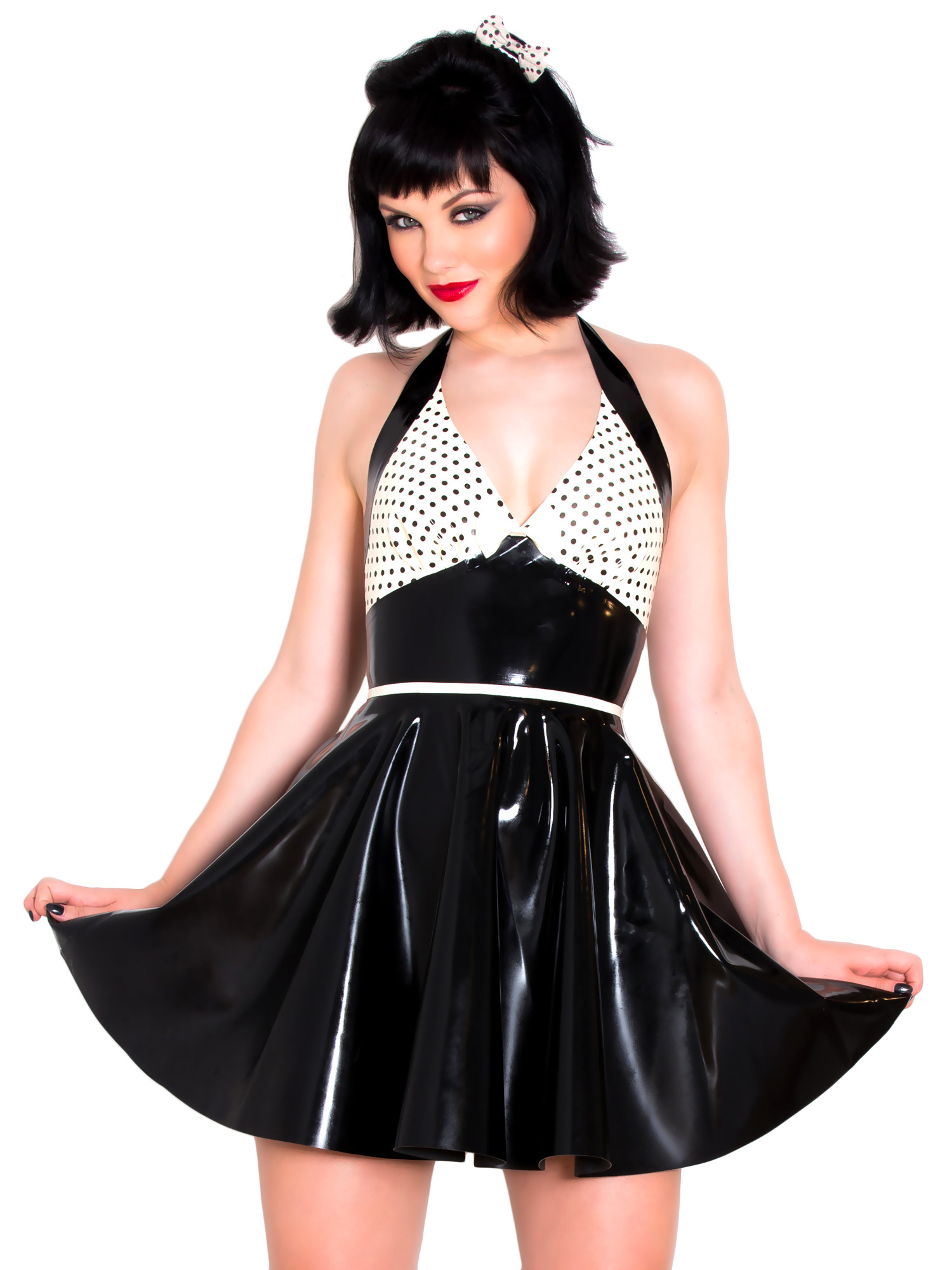 Honour Womens Dress Black Rubber Latex Halter Retro Styled With Polka